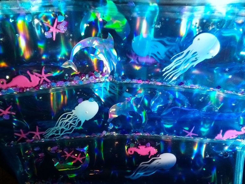 RESERVED Liquid Glitter Dolphin Beach Tote. Jellyfishes Seashells Pink ...