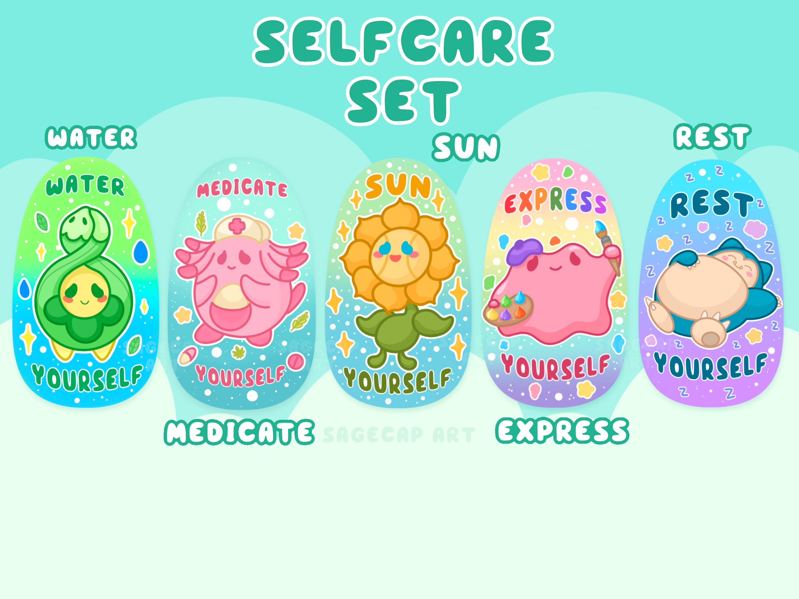 Self Care Pokémon Stickers, Reminder, Water Yourself, Rain, Seed, ADHD ...