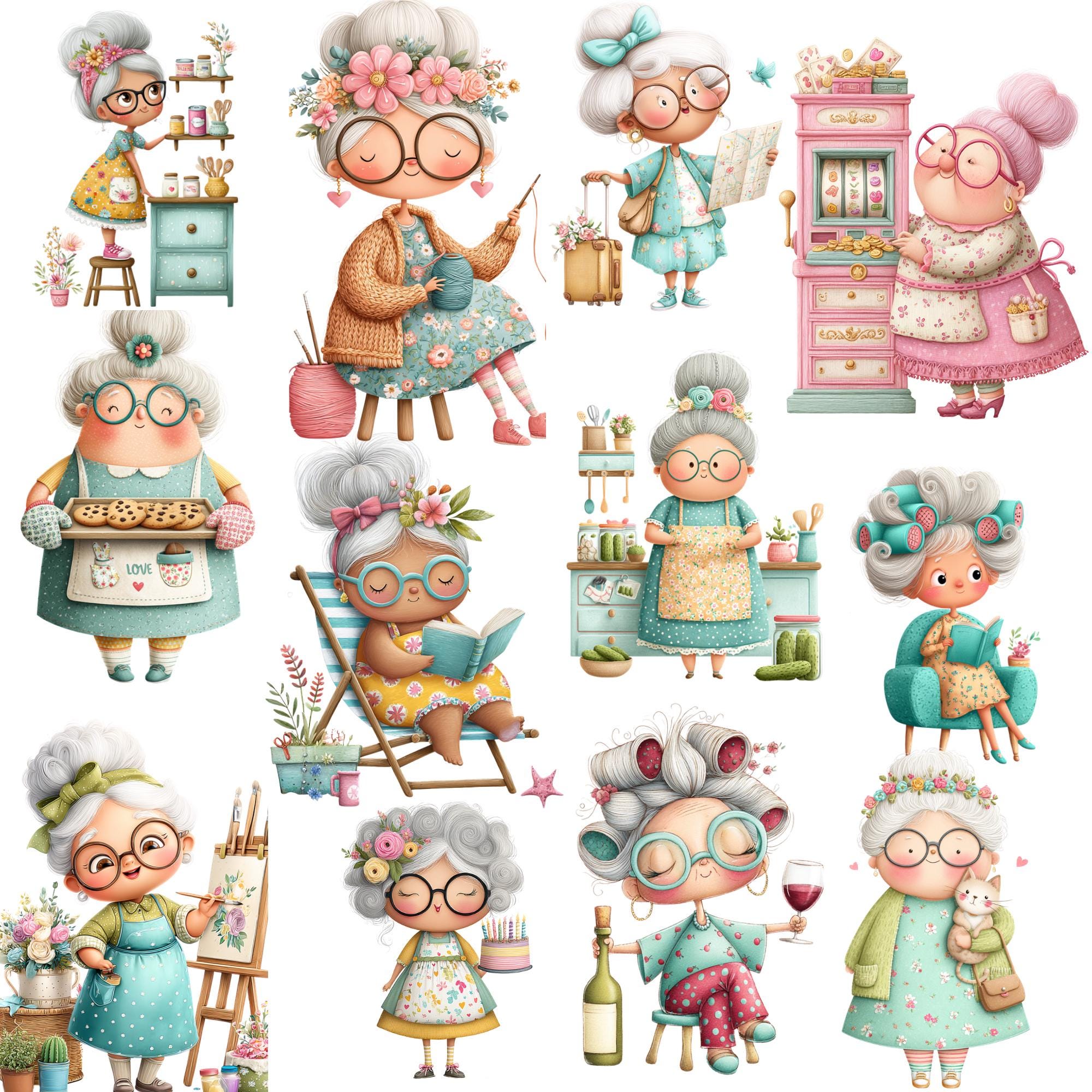 Grandma Clipart Bundle, Old Lady Clipart, Transparent Background ...