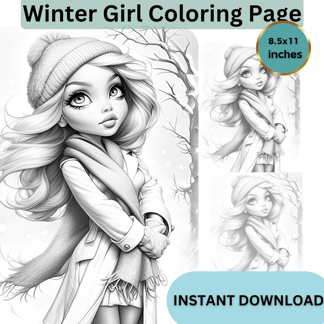 Pretty Girl in Winter Coloring Page, 3 Shades of Light and Dark ...