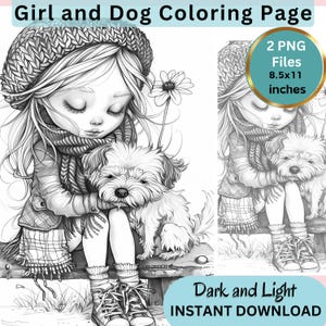 Sweet Girl With Hat and Her Dog, Coloring Page for Adults, Grayscale ...
