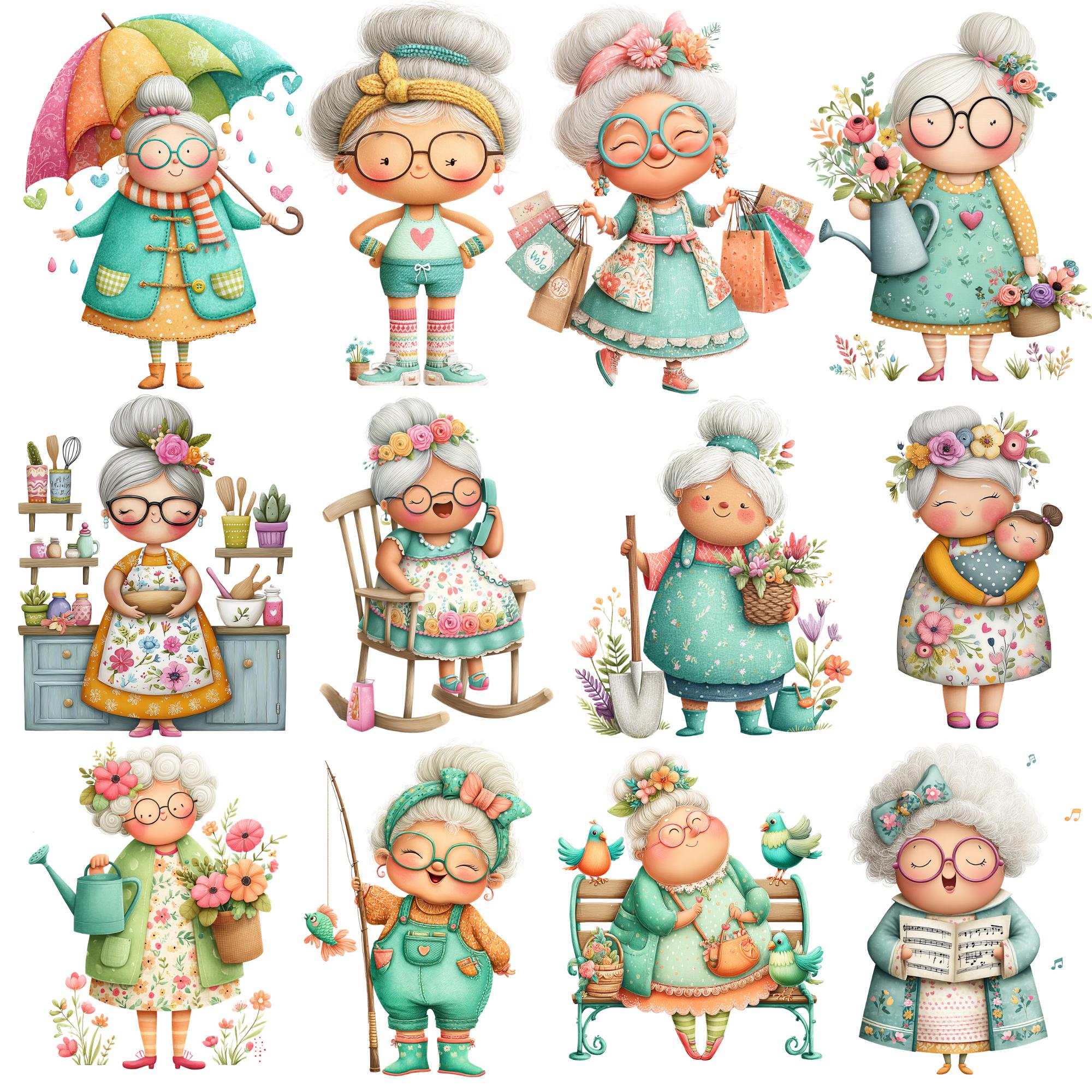 Grandma Clipart Bundle, Old Lady Clipart, Transparent Background ...