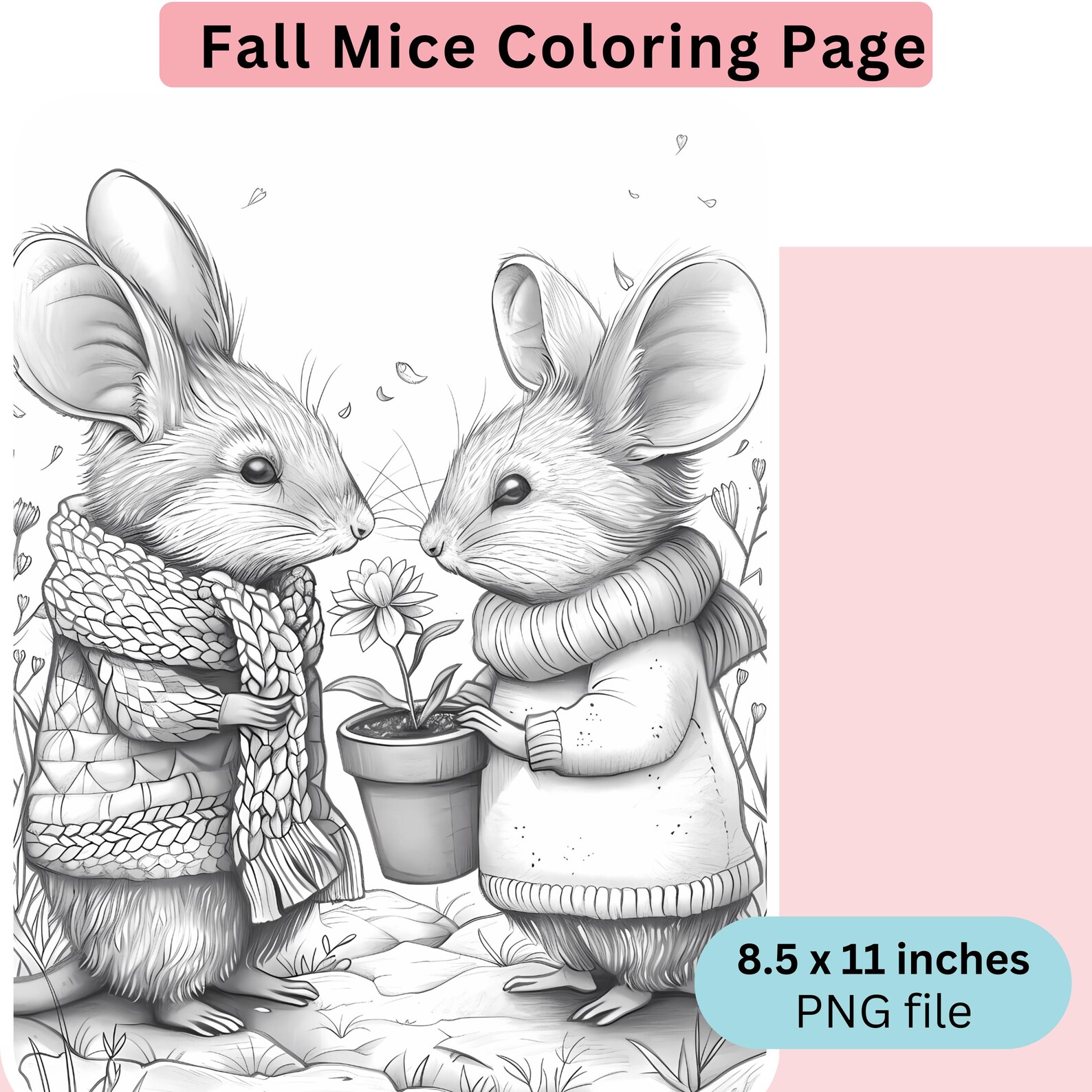 Cute Mice Coloring Page for Adults, Grayscale Coloring Page, Instant ...