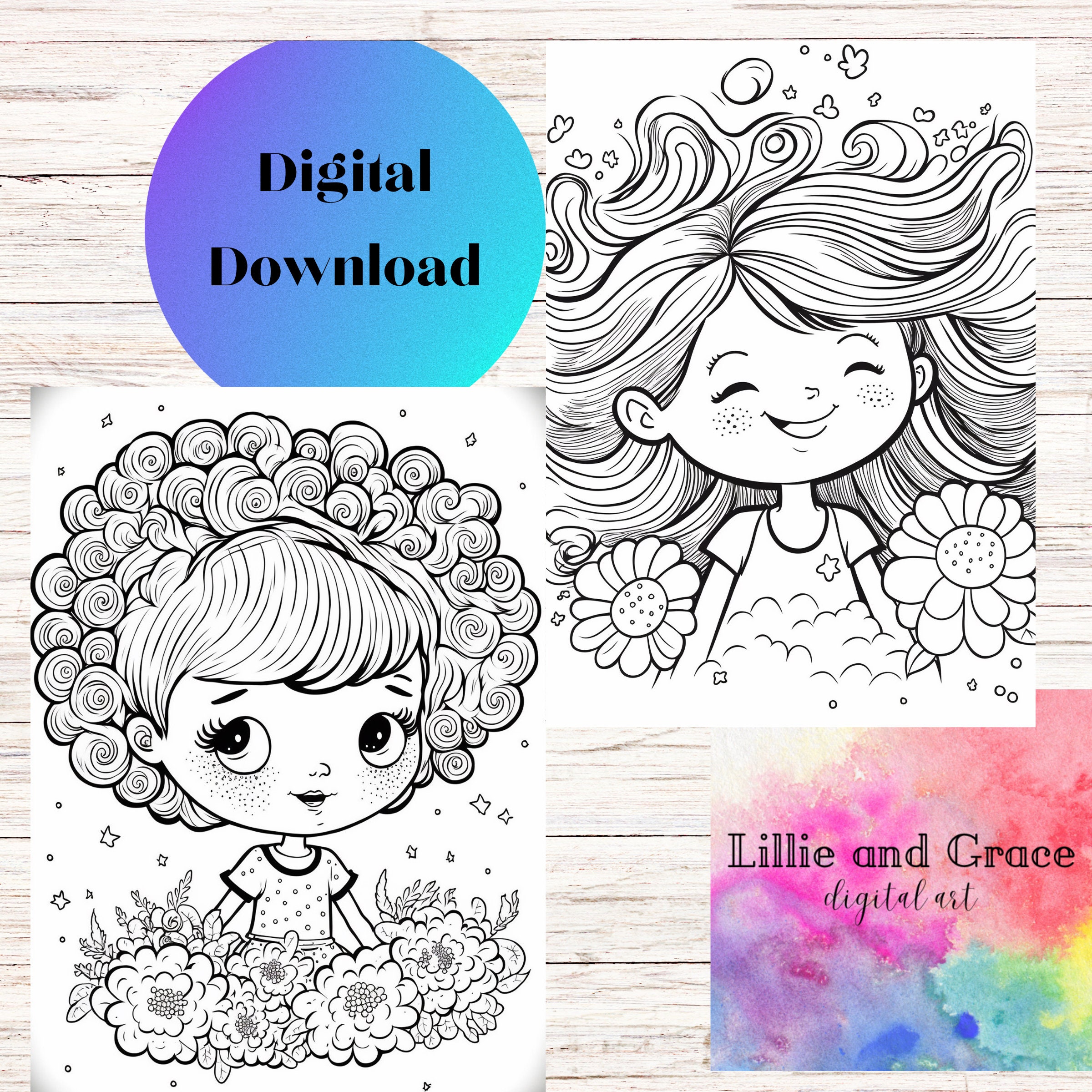 Cute Girls Coloring Pages Part 2, Instant Digital Download, 7 Printable ...