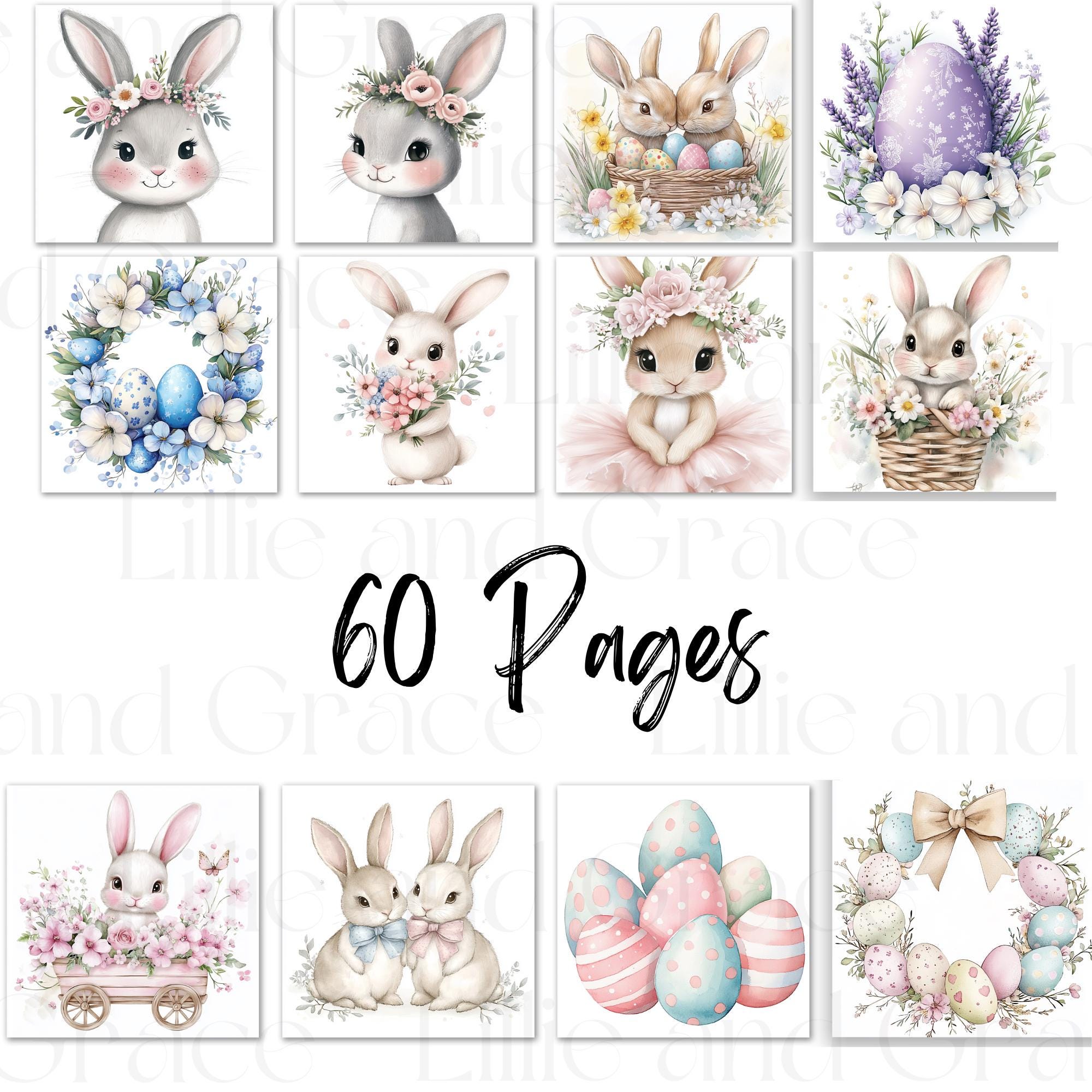 Easter Bunnies and Flowers Clipart Bundle, 60 Images, Transparent ...