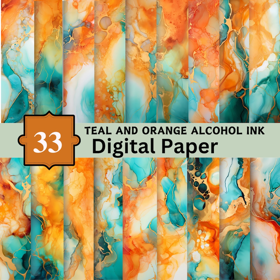 33 Teal and Orange Alcohol Ink Texture Background Digital Paper ...