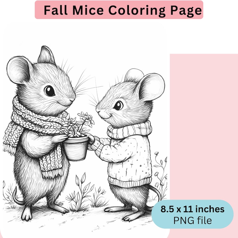 Cute Mice Coloring Page for Adults, Grayscale Coloring Page, Instant ...