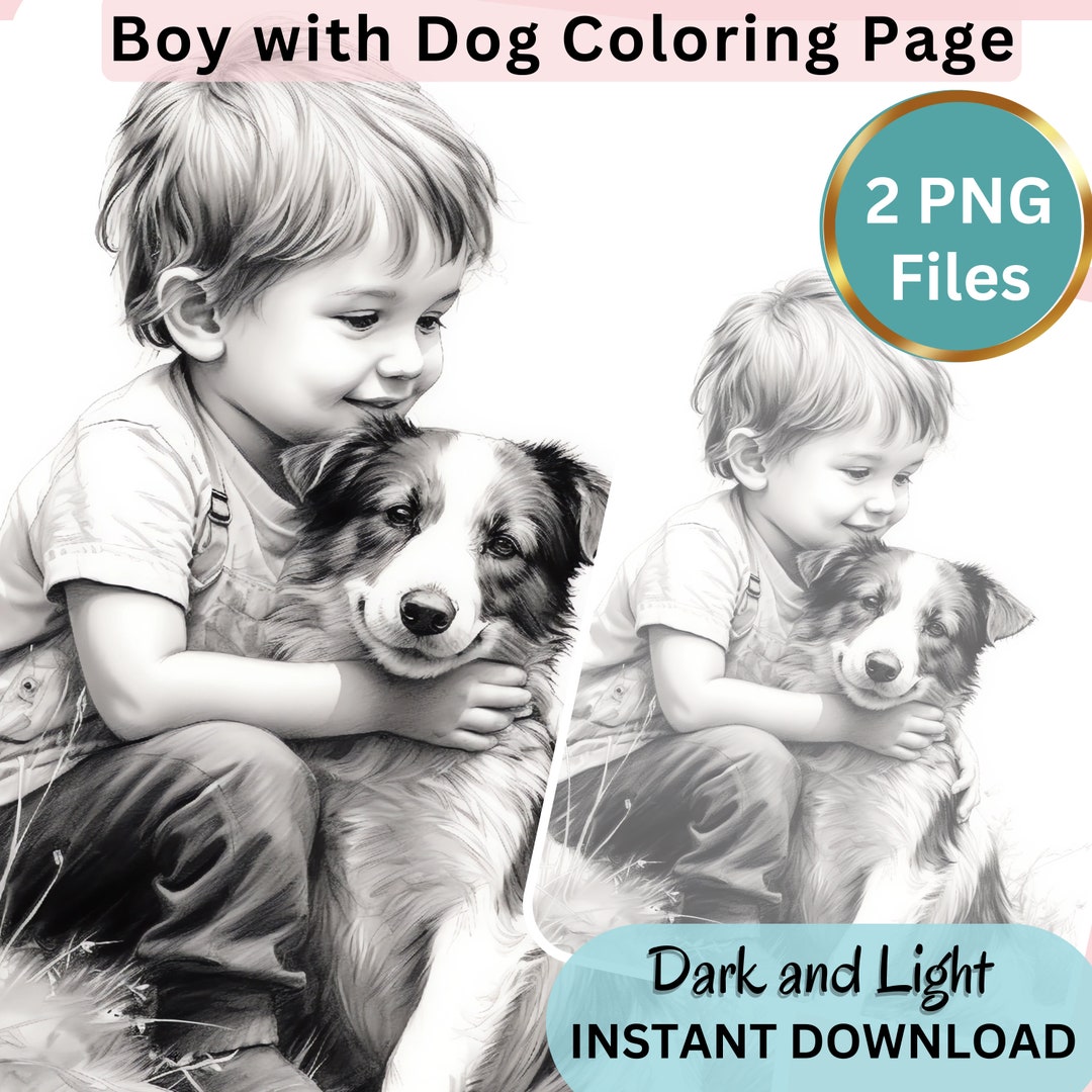 Boy and His Dog Coloring Page for Adults, Grayscale Coloring Page ...