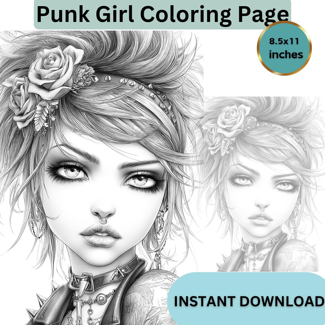 Punk Rock Girl Portrai Coloring Page for Adults, Grayscale Coloring ...