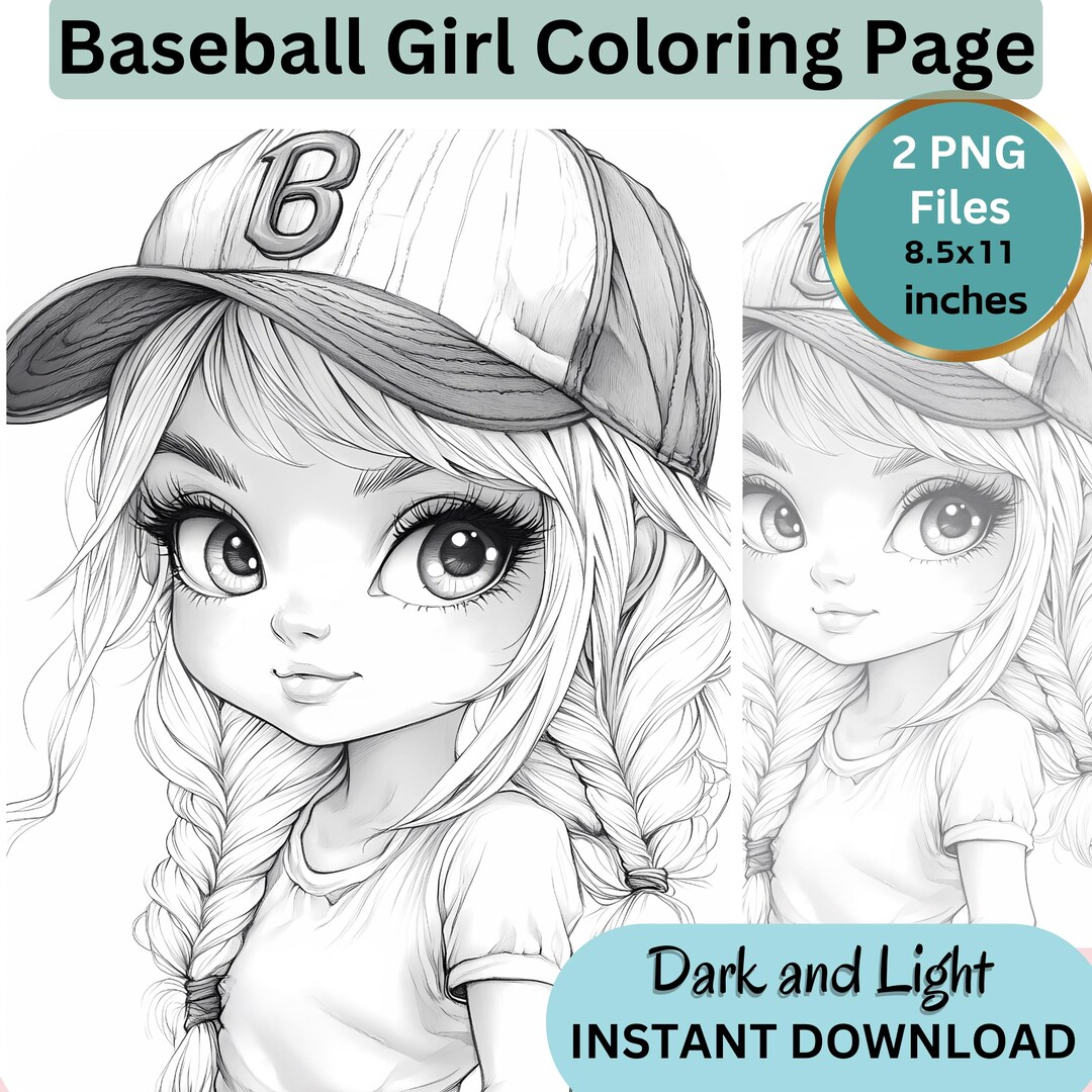 Baseball Girl Portrait Coloring Page for Adults, Grayscale Coloring ...