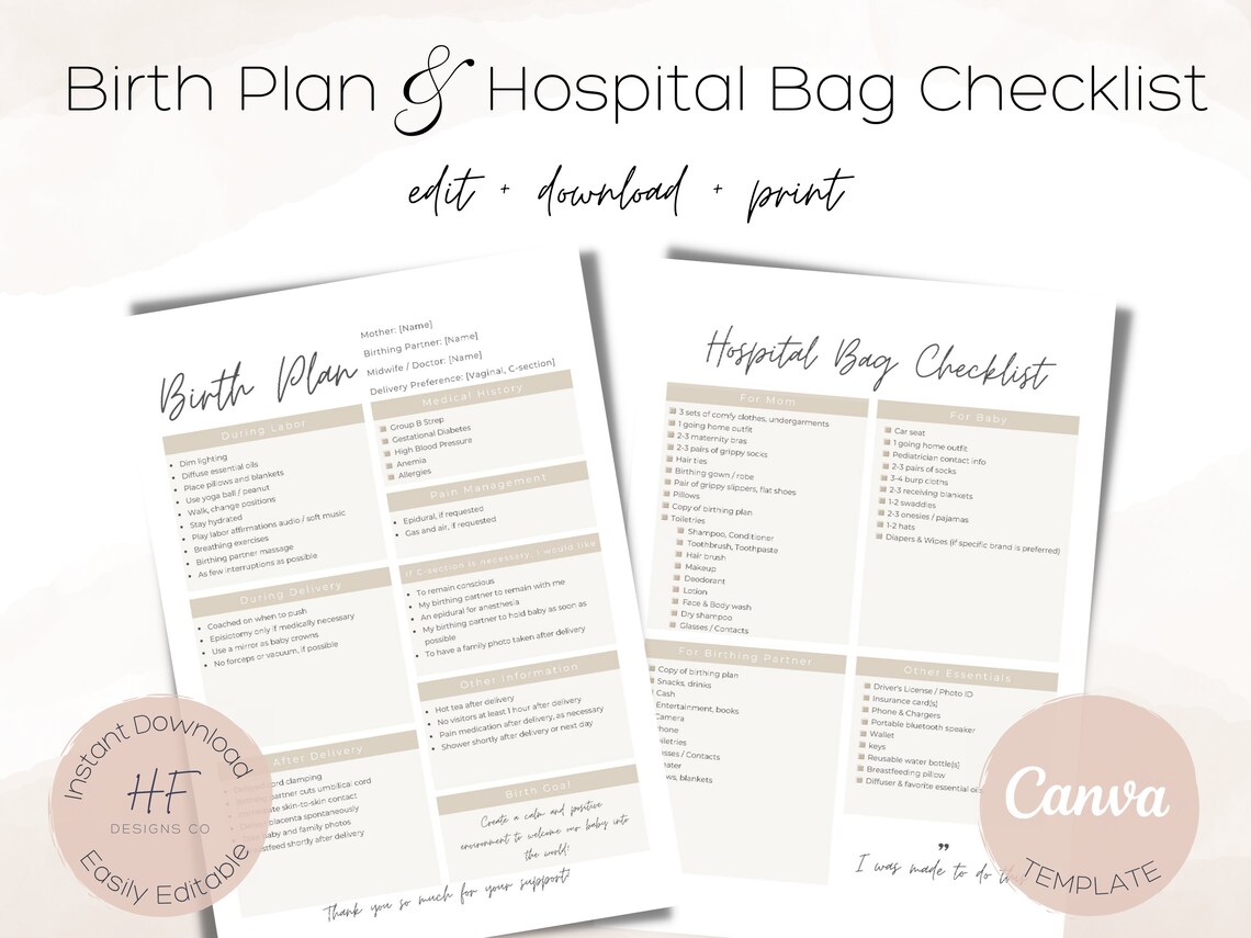 Editable Birth Plan Template, Hospital Packing Checklist for New Mom ...