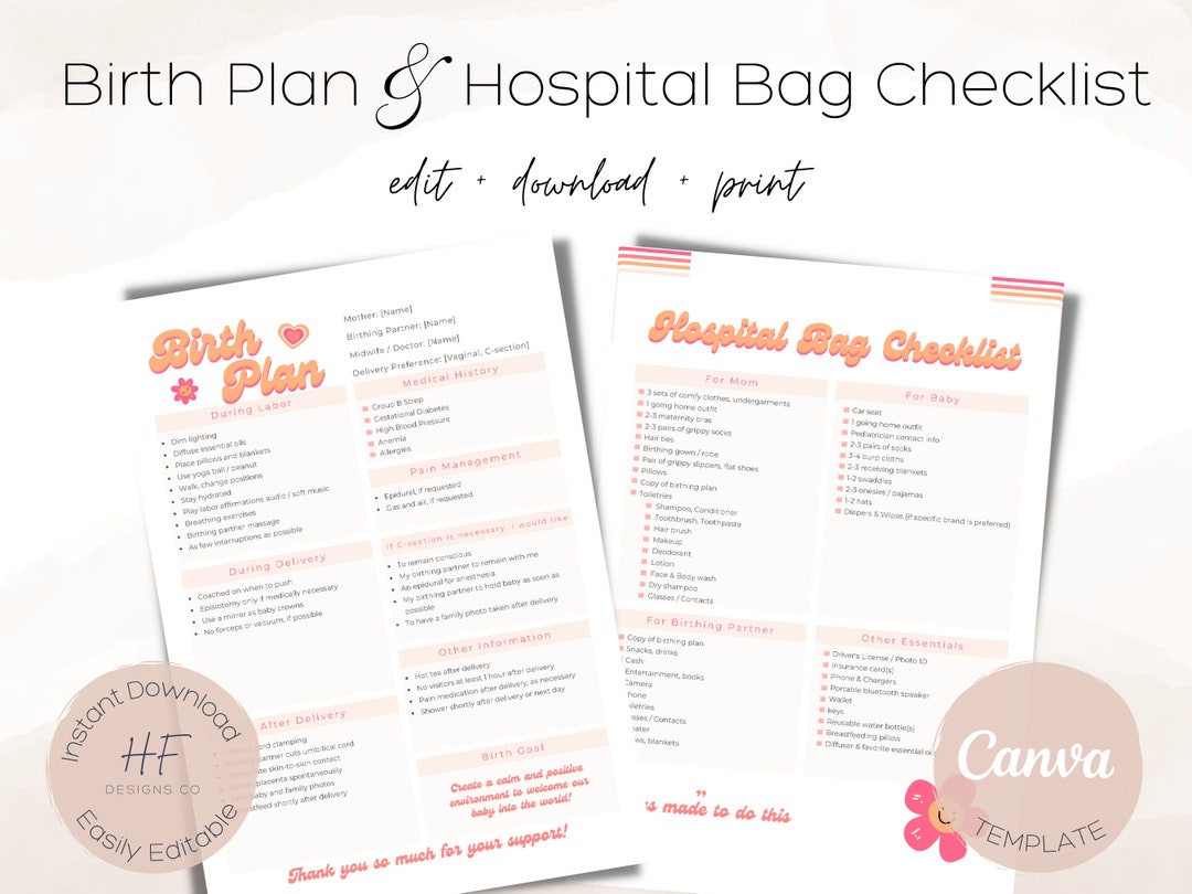 Editable Birth Plan Template, Hospital Packing Checklist for New Mom ...