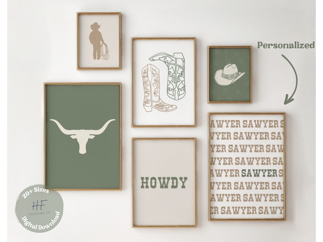 Cowboy Nursery Prints Set of 6 Gallery Wall Art, Boys Green Nursery ...