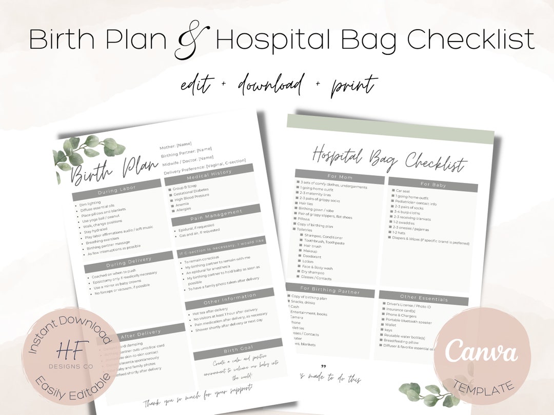 Editable Birth Plan Template, Hospital Packing Checklist for New Mom ...