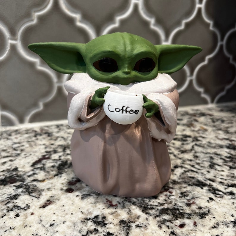 Hand-painted 3D Printed Grogu Holding Coffee Cup 6.0h Star Wars Fan Art ...