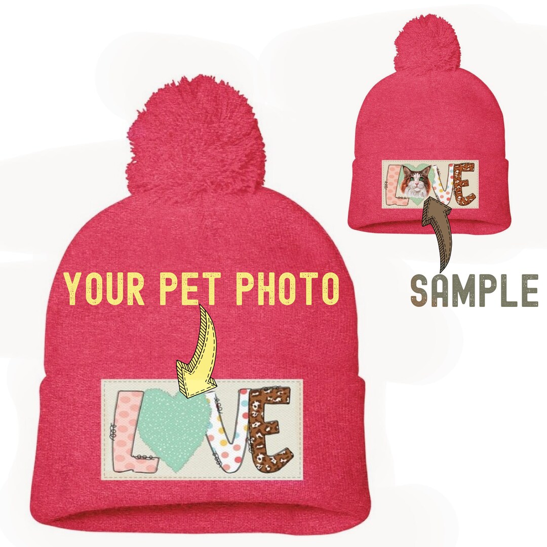 Custom Pom Pom Love Beanie Hat, Pet Photo Love Heart, Valentines Day ...