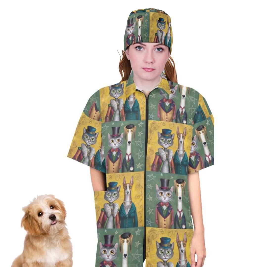 Regal Cats and Dogs Scrub Top Hat Formal Pet Stylist Jacket Vintage ...