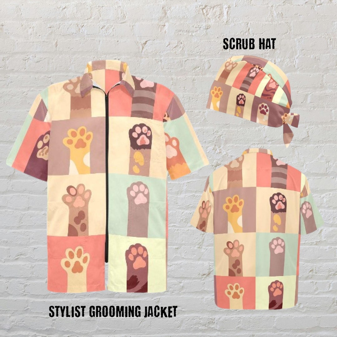 Pet Paws Grooming Jacket and Scrub Cap, Paw Print Zip Front Dog Cat ...