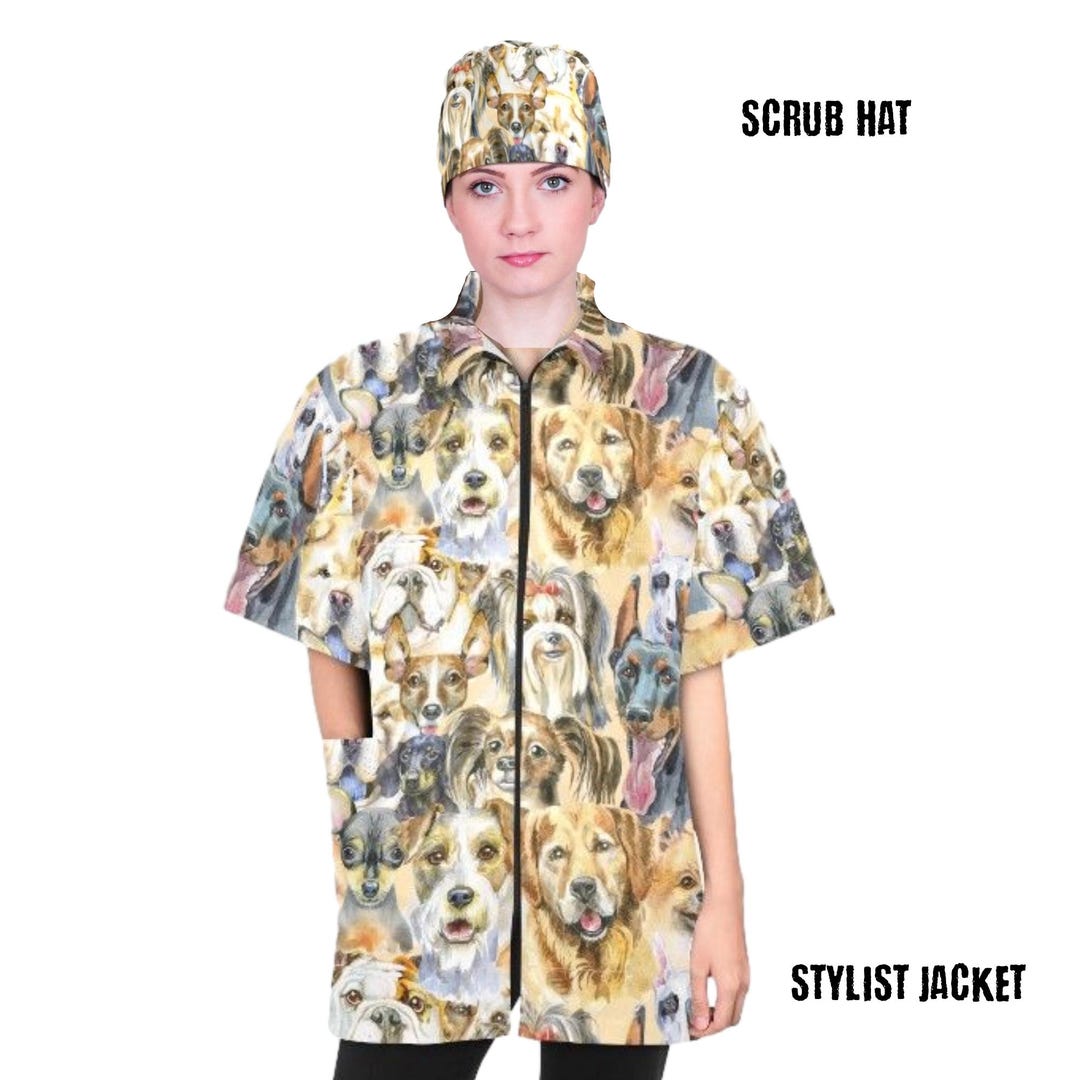 Adorable Dog Faces Jacket and Scrub Cap, Bulldog Puppies Zip Front Dog ...