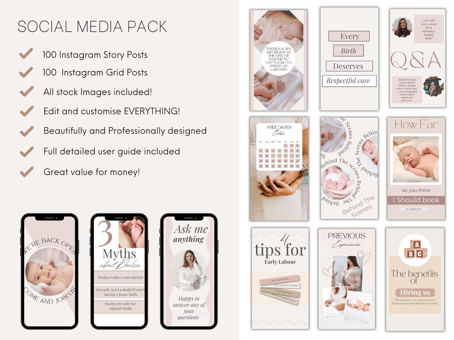 Birth Doula Instagram Templates, Editable Birth Doula Posts & Stories ...