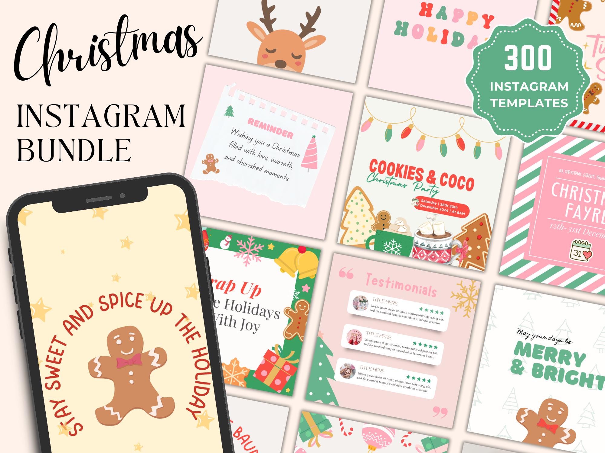 Christmas Instagram Template Bundle, Festive Instagram Post, Pink ...