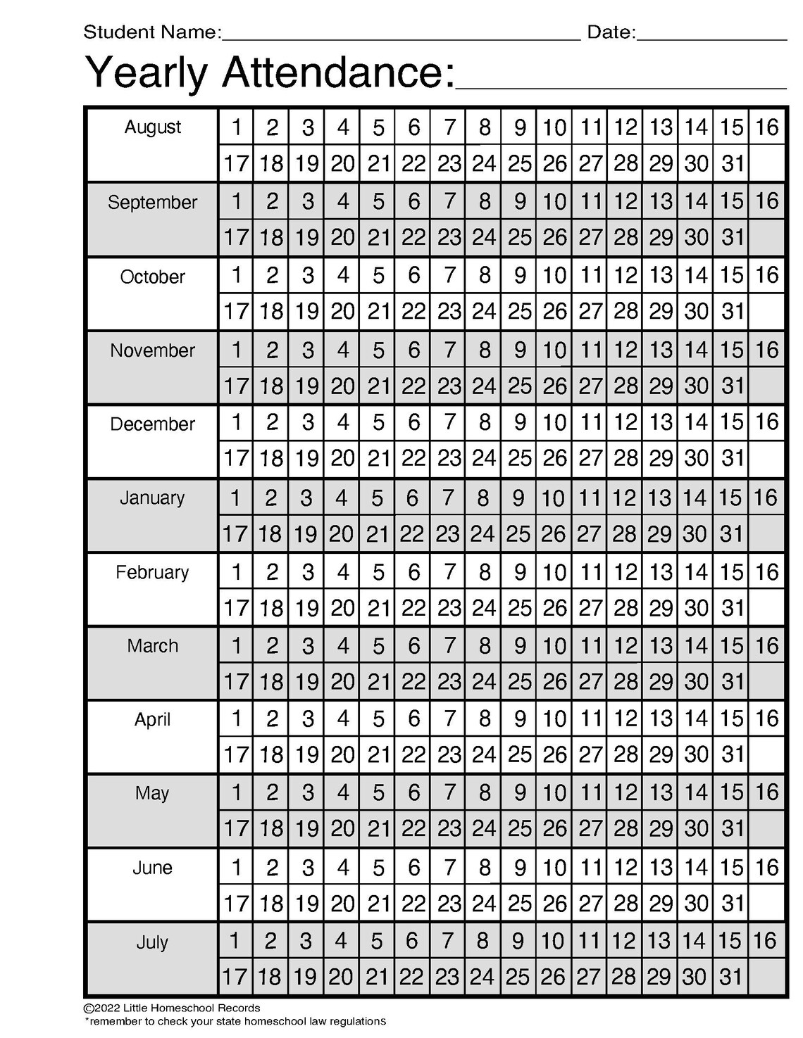 Homeschool Yearly Attendance Form (horizontal) - Etsy