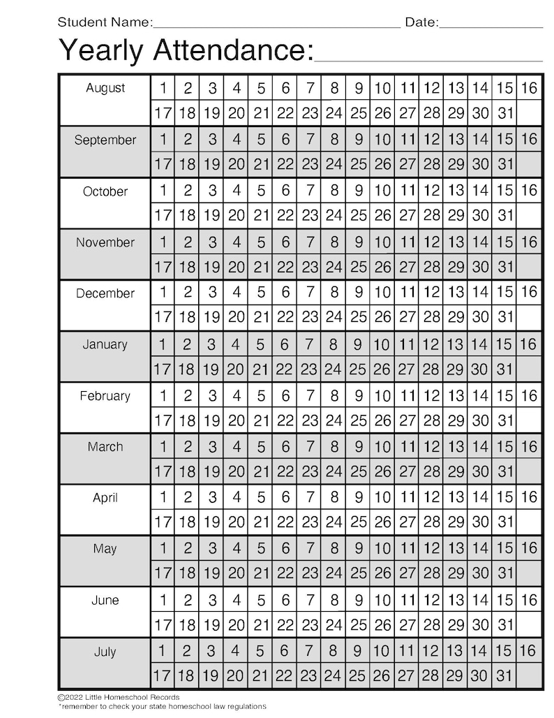 Homeschool Yearly Attendance Form (horizontal) - Etsy