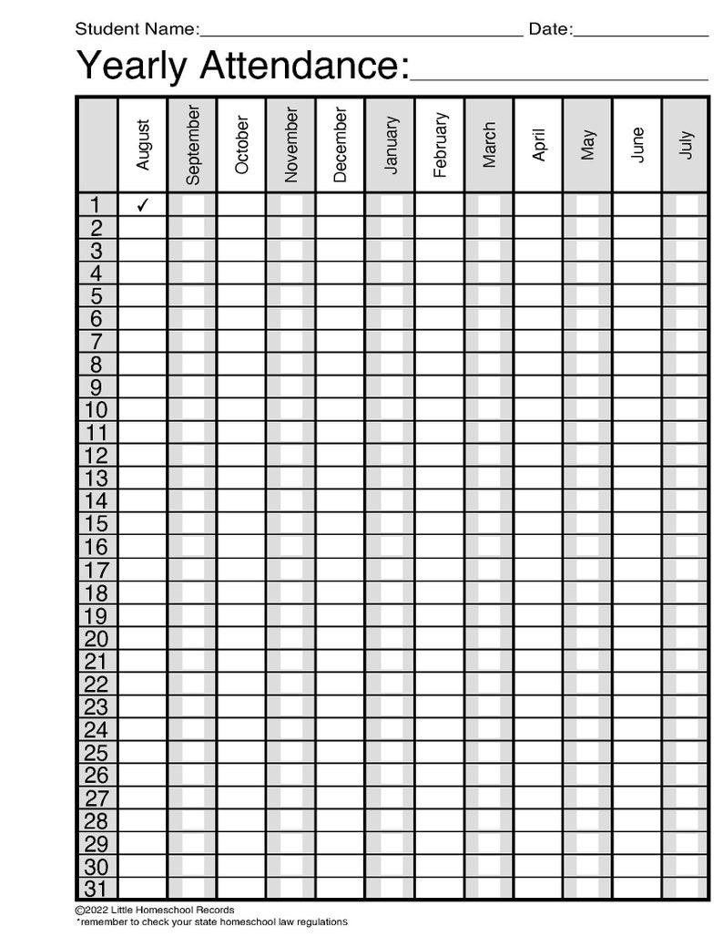 Homeschool Yearly Attendance Form (vertical) - Etsy