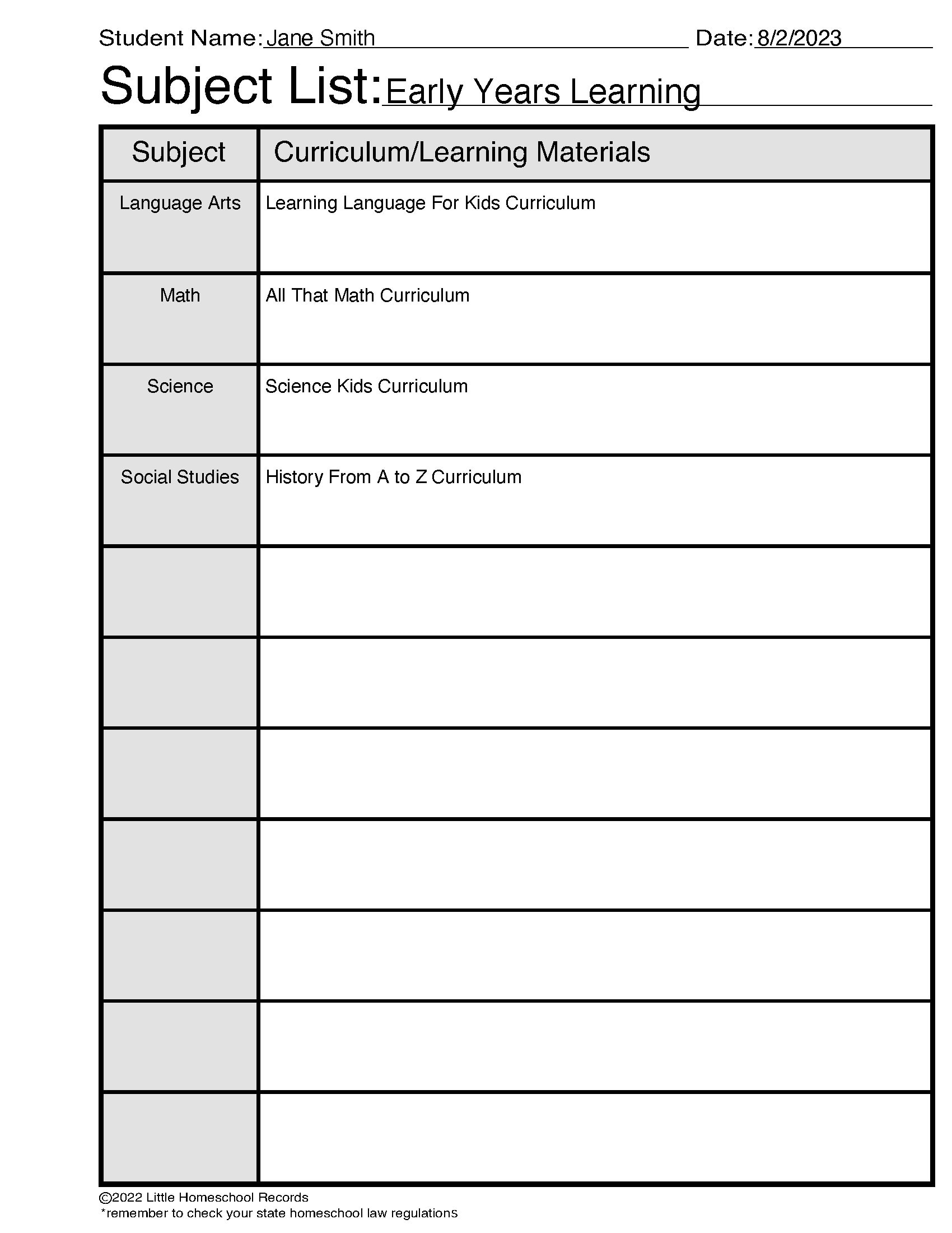 Homeschool Subject List Form - Etsy