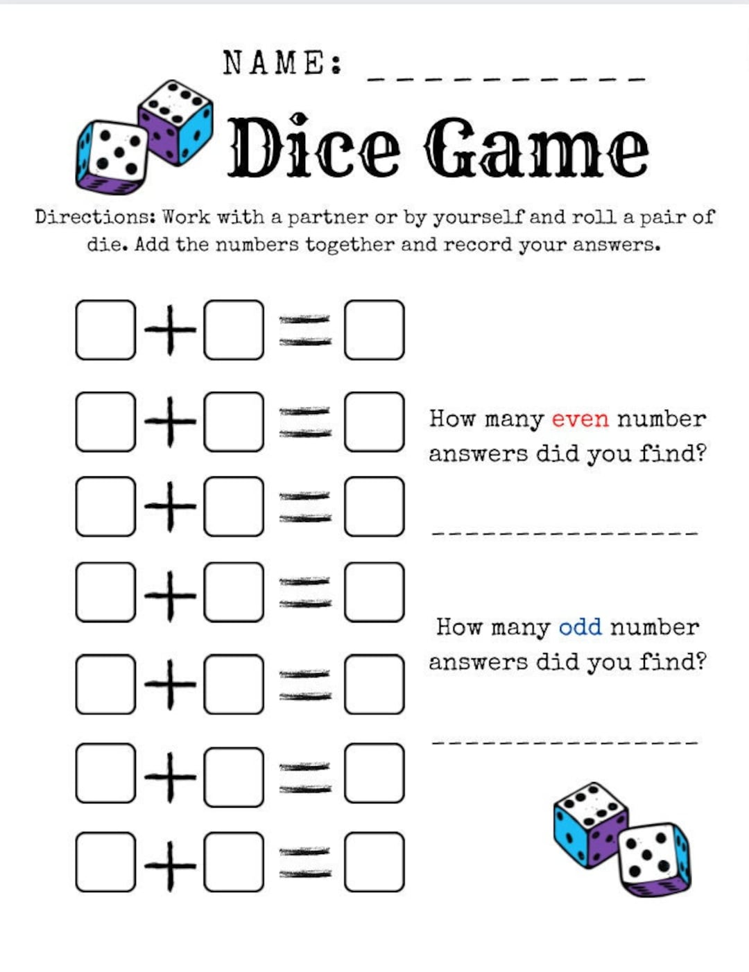 Roll the Die Math Game - Etsy