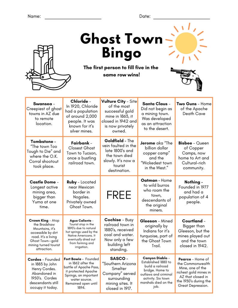 Arizona Ghost Town Bingo - Etsy