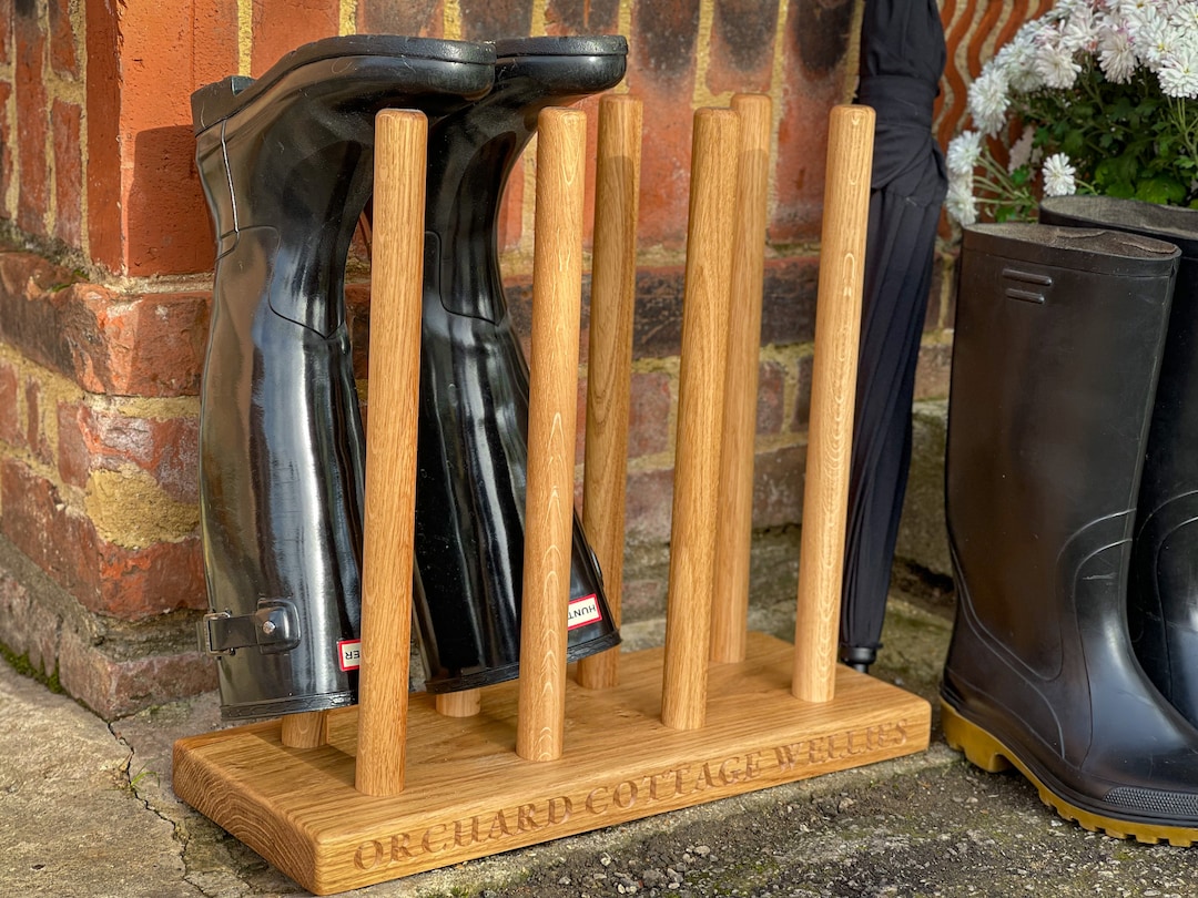 Personalised Solid Oak Wellington Boot Stand Welly Boot Rack Wellington ...