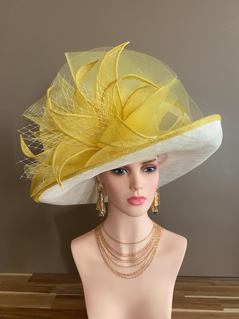 Ivory/bright Yellow Large Wide Brim Kentucky Derby Hat: Netting Bow ...
