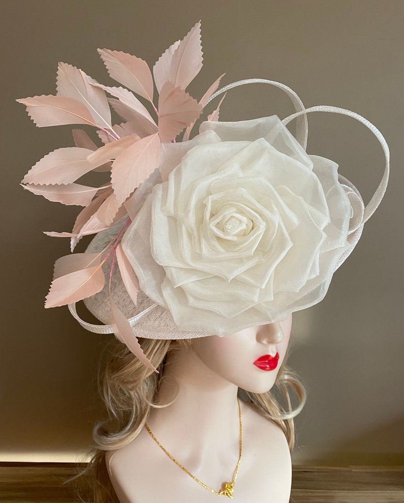 White/ivory/pale Pink Sinamay Fascinator With Real Silk Rose. - Etsy