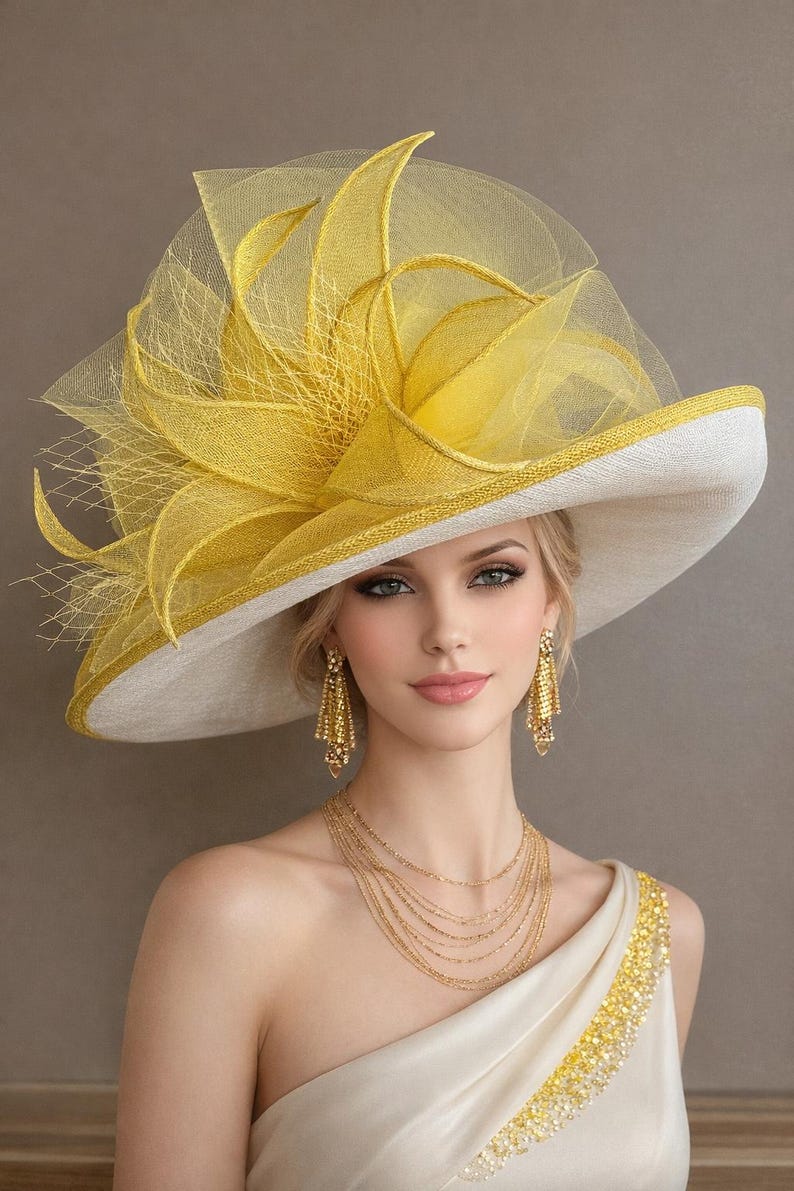 Ivory/bright Yellow Large Wide Brim Kentucky Derby Hat: Netting Bow ...