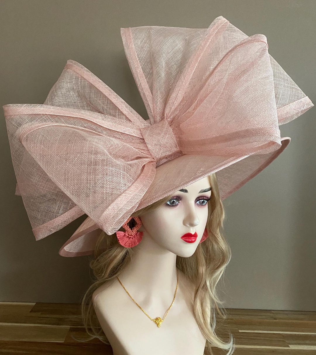 Super Wide Brim Blush Pink Kentucky Derby Hat W Extra Large Sinamay Bow ...