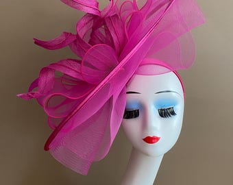 White Sinamay Fascinator With Light Pink Bow & Hot Pink Feather Flower ...