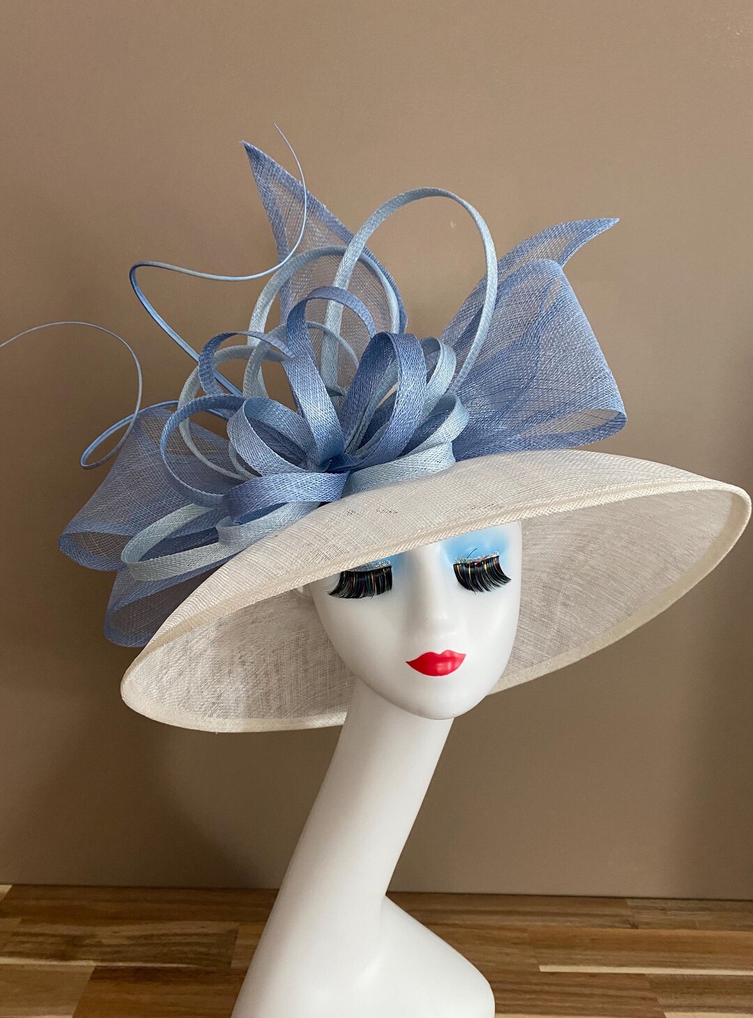Ivory Wide Brim Sinamay Derby Hat With Blue Bow(m4) - Etsy