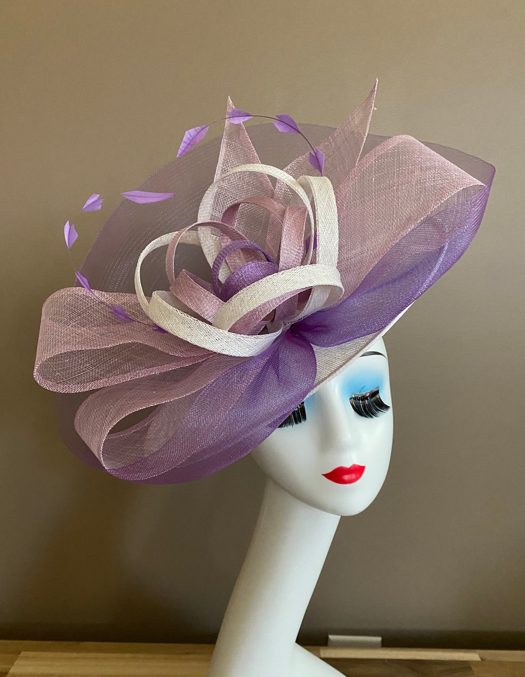 White Sinamay Carriage Church Fascinator With White/purple/lilac Bow ...