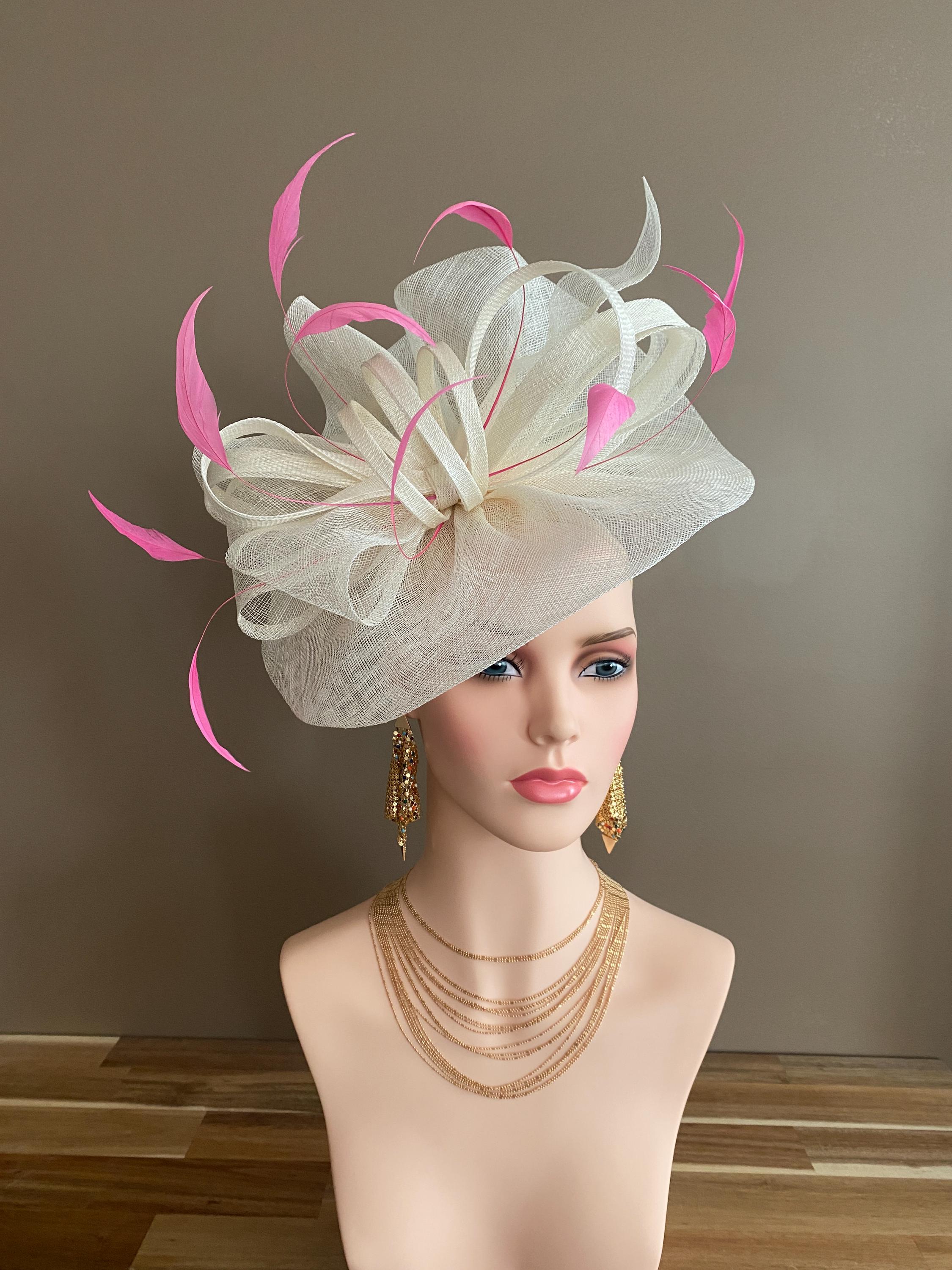 Ivory/bright Pink Sinamay Derby Fascinator: Handmade Bow and Feathered ...