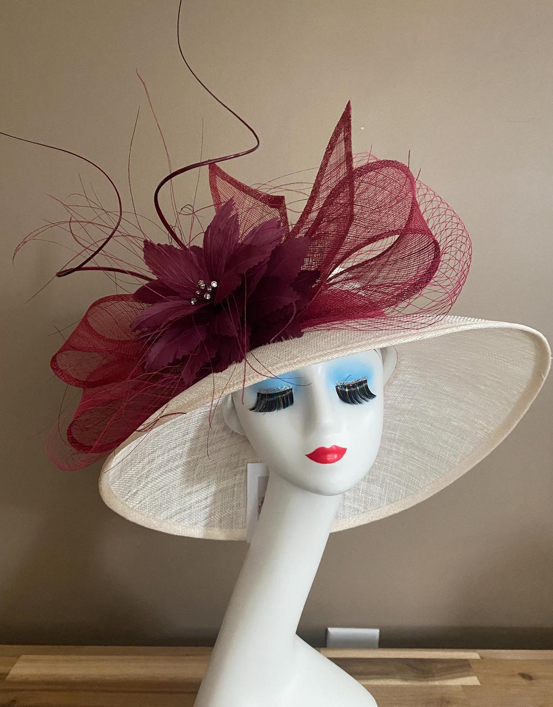Wide Brim Sinamay Derby Hat(g9): Ivory, Maroon Feather Flower - Etsy