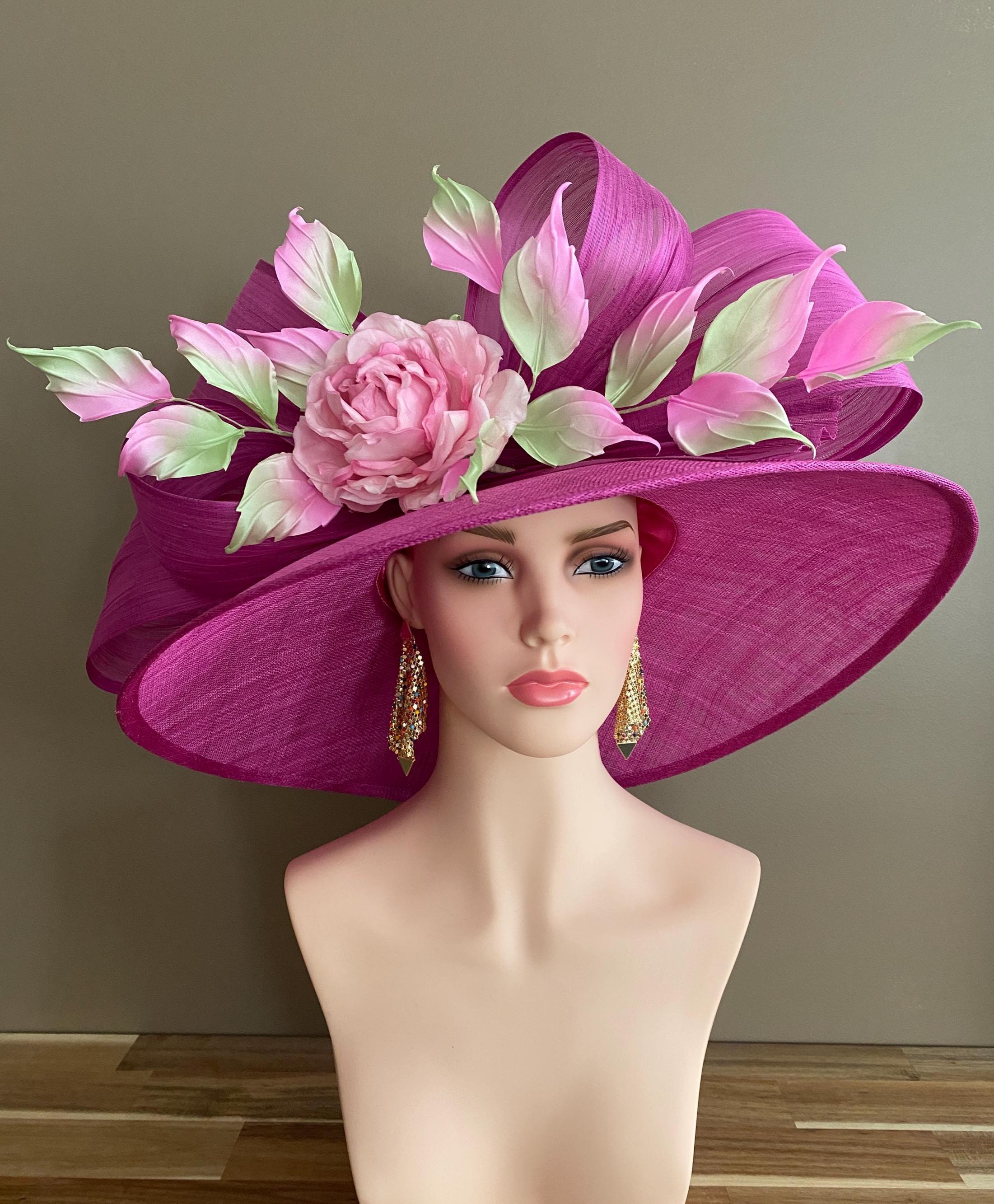 Fuchsia Kentucky Derby Hat: Wide Brim, Silk Abaca Bow & Flower - Etsy