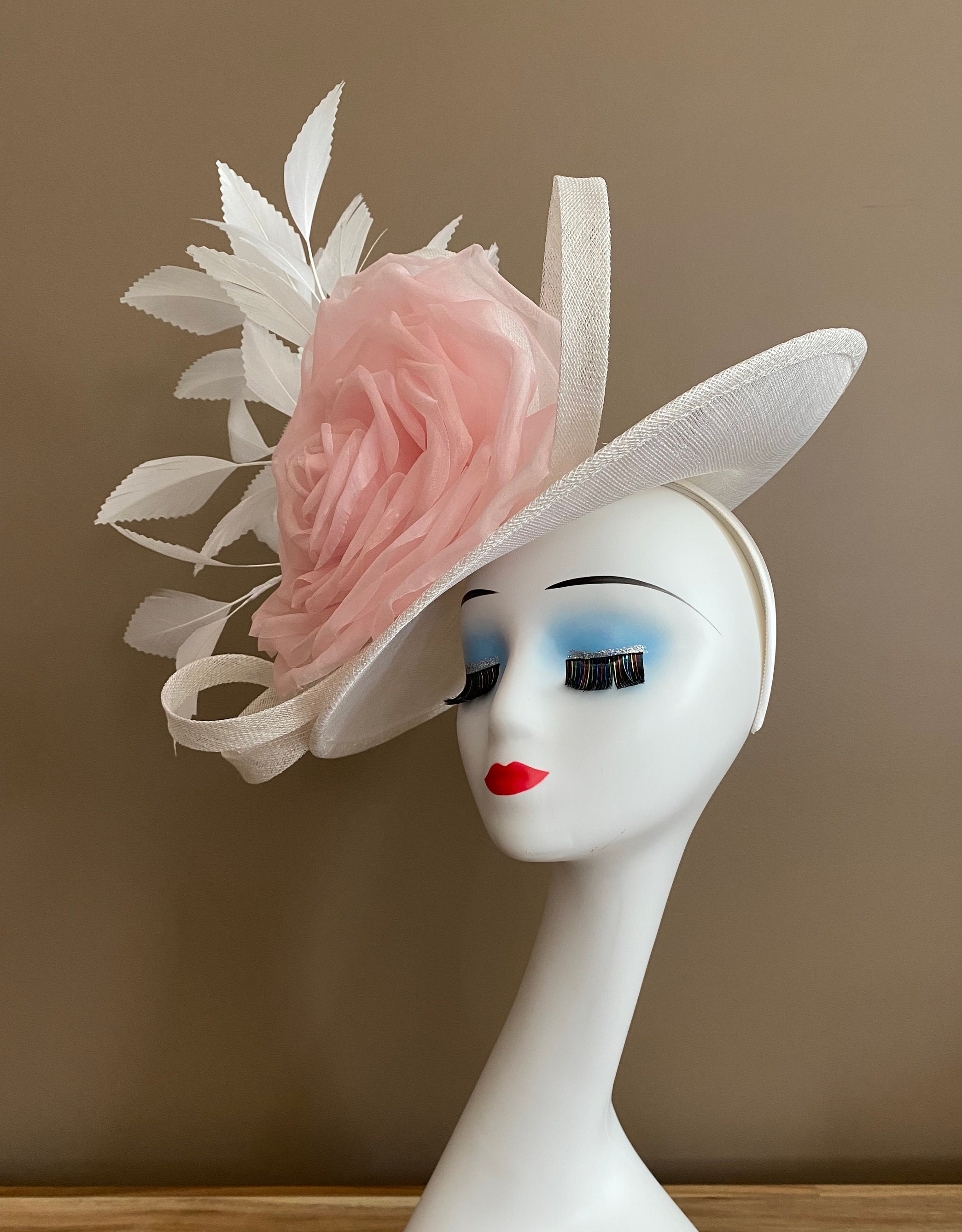 White/soft Pink Sinamay Fascinator With Large Real Silk Rose. - Etsy