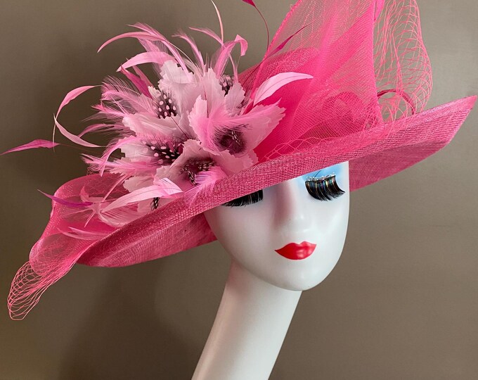 Hot Pink Kentucky Derby Hat With Pink Netting Bow and Mixed Pink ...