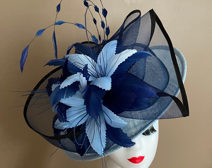 Powder Blue Sinamay Fascinator With Light/dark Blue Feather Flower ...