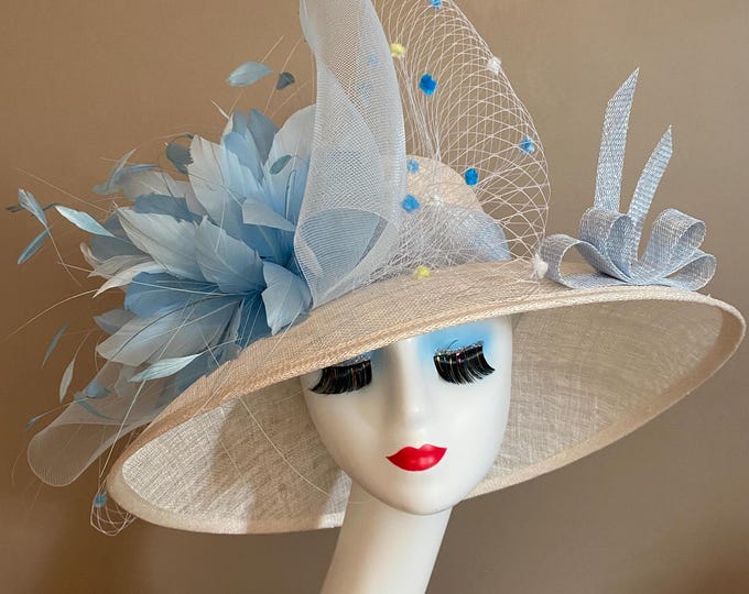 Ivory White/powder Blue Wide Brim Church Carriage Kentucky Derby Hat W ...