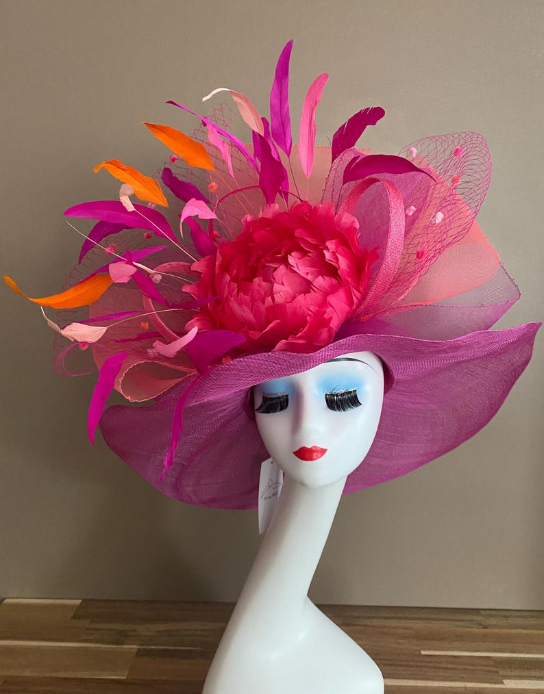 Fuchsia Pink Wide Brim Derby Hat(m2): Feather Flower Race Day Hat - Etsy