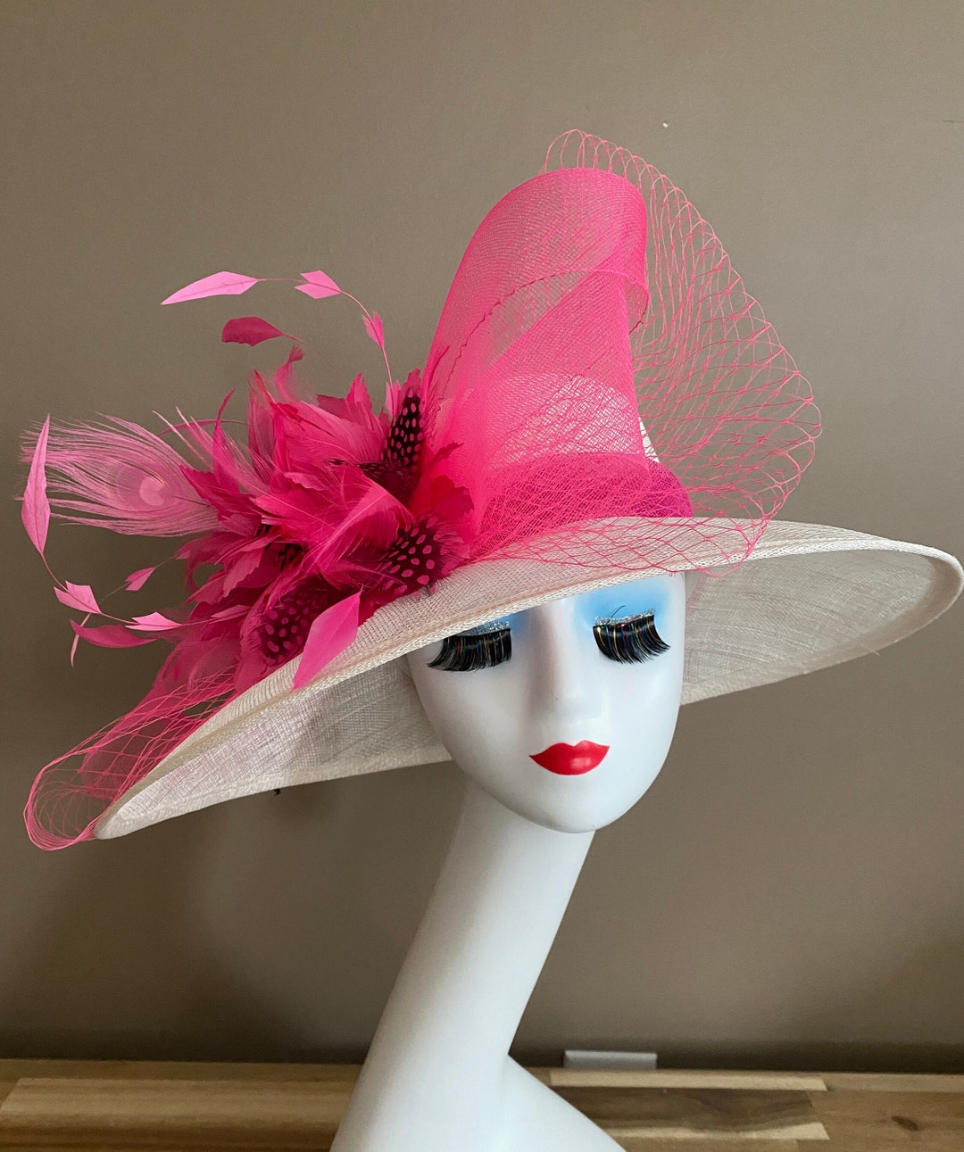Ivory White/hot Pink Church Carriage Kentucky Derby Hat W Netting Bow ...