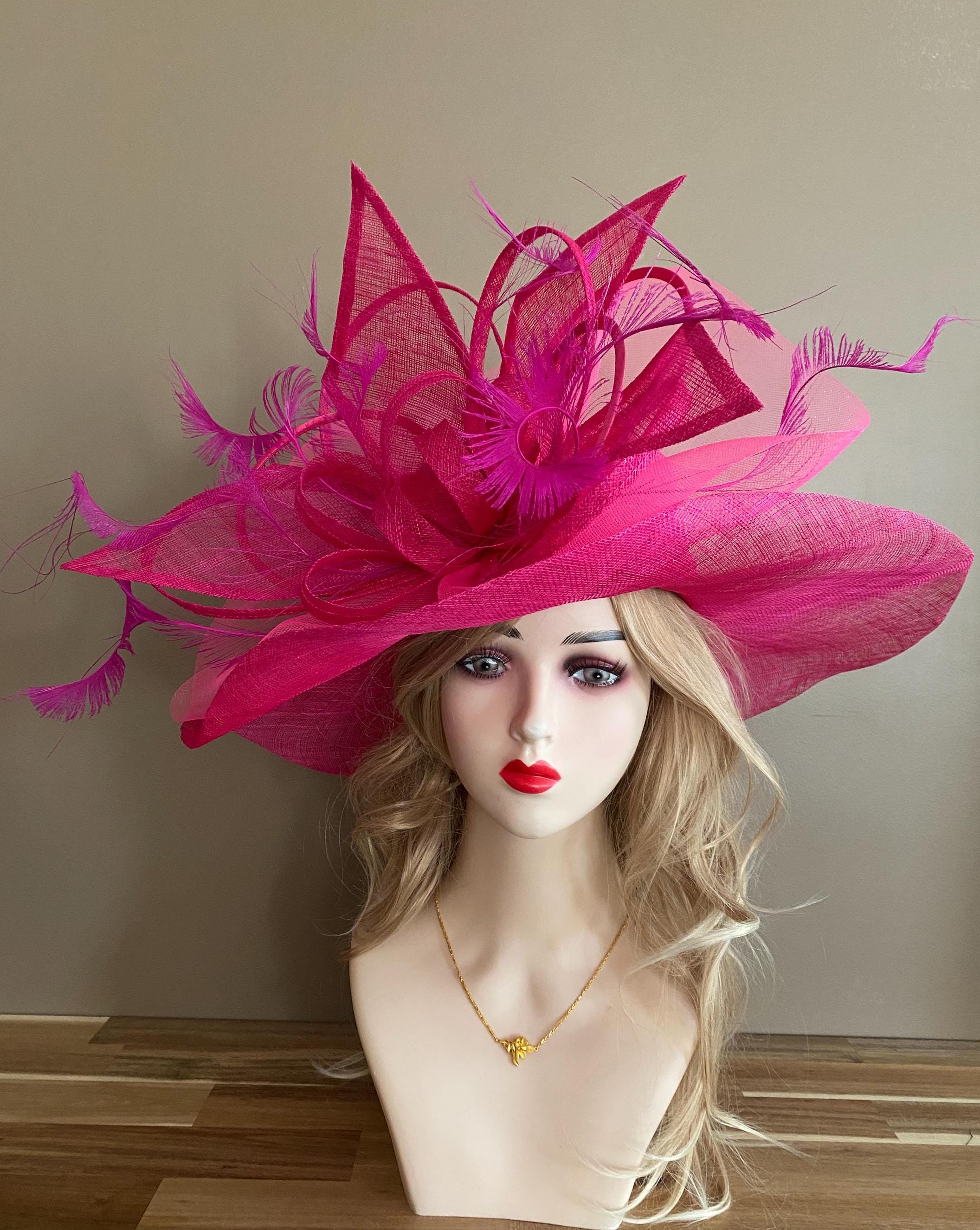 Fuchsia Pink Kentucky Derby Hat(g3): Wide Brim Sinamay Bow Feather ...