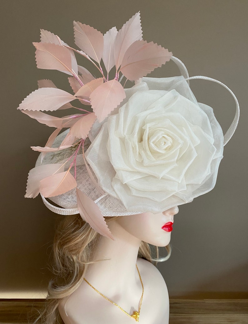 White/ivory/pale Pink Sinamay Fascinator With Real Silk Rose. - Etsy